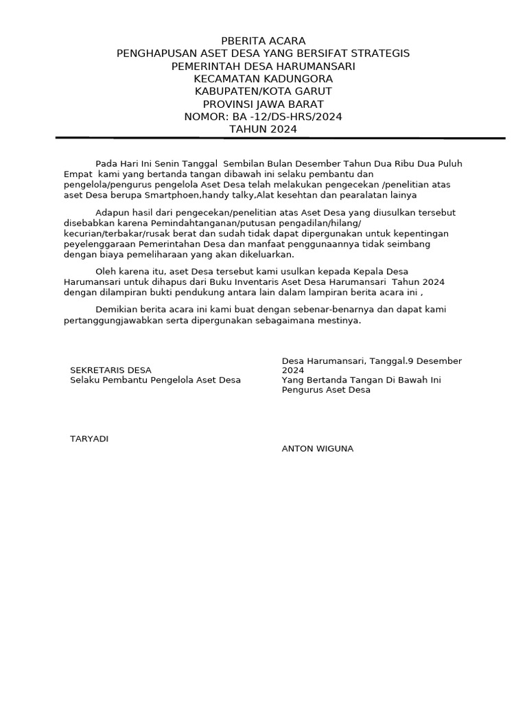 Berita Acara Penghapusan Aset Desa Yang Bersifat Strategis Pemerintah | PDF