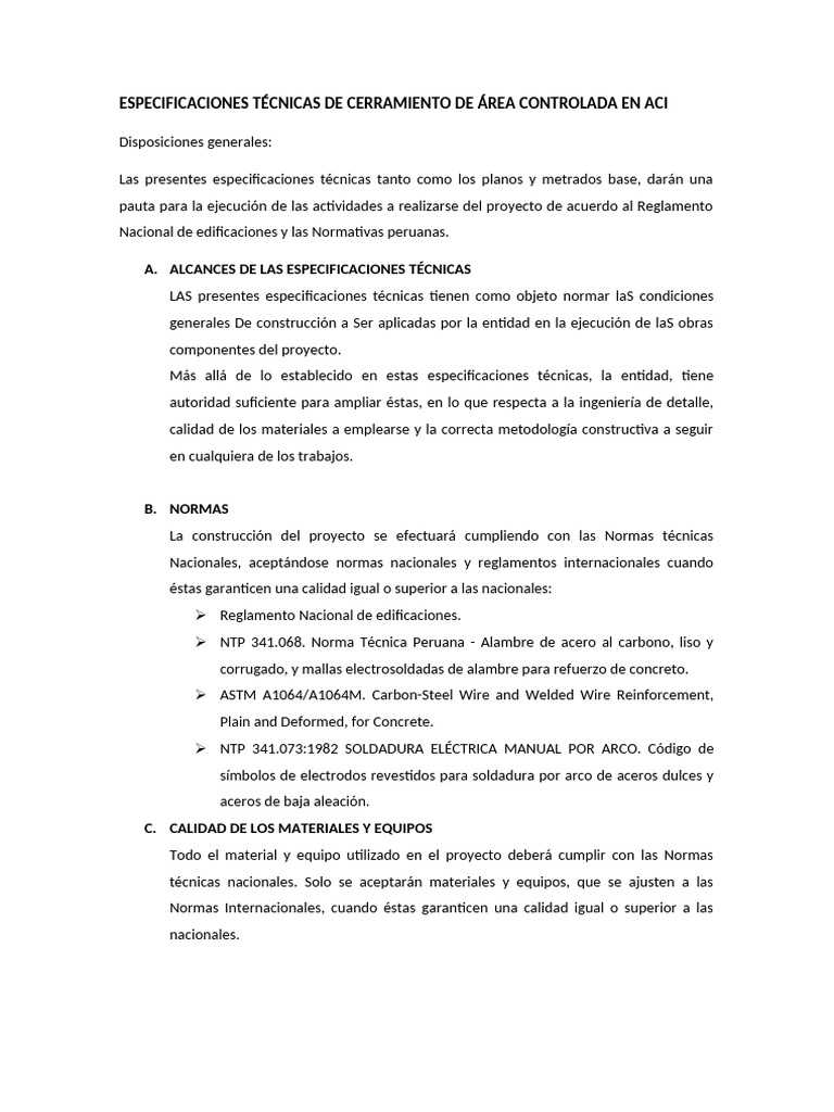 Especificaciones Técnicas de Cerramiento de Área Controlada en Aci ...