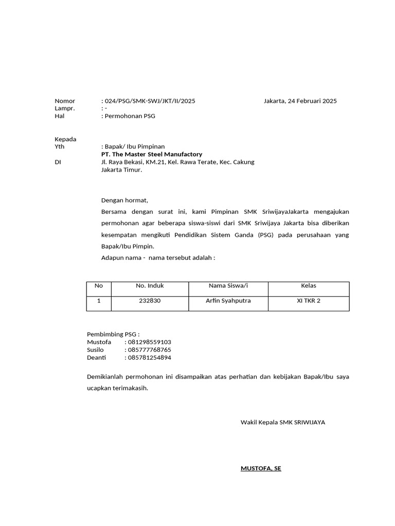 Surat Pengajuan PKL 1 | PDF