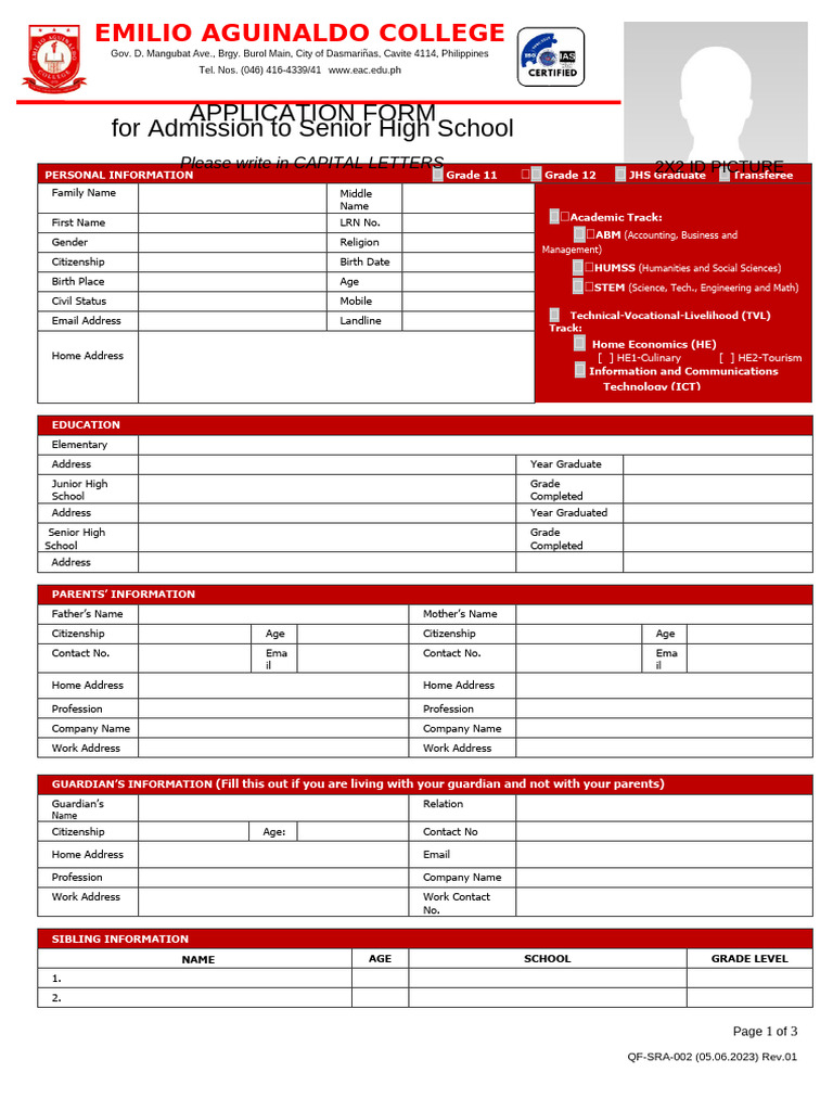 EAC DASMA Application Form For Admission For SHS | PDF