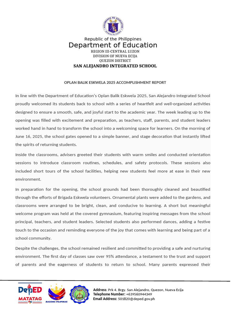 Oplan Balik Eskwela Accomplishment Report | PDF | Classroom | Learning