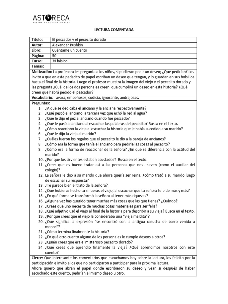 Actividad para Texto El Pescador y El Pececito Dorado | PDF