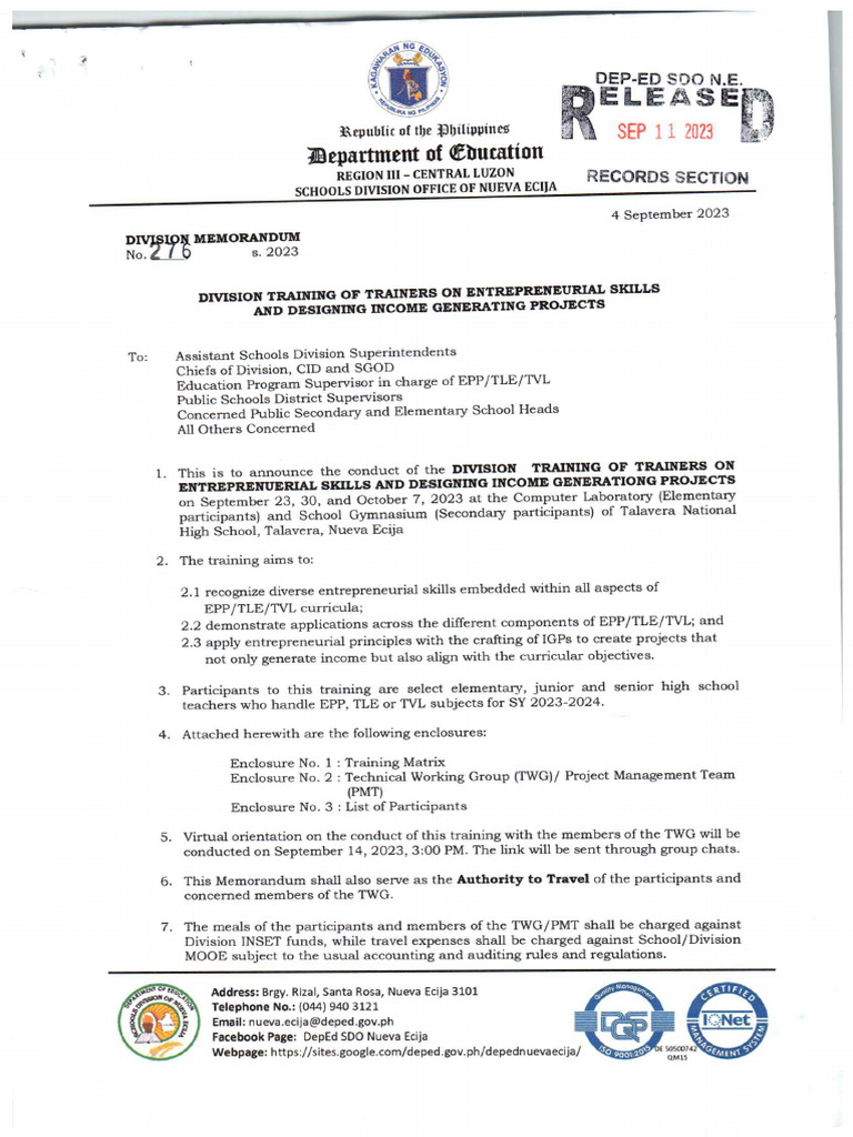 2023 DM No 276 Igp Training | PDF