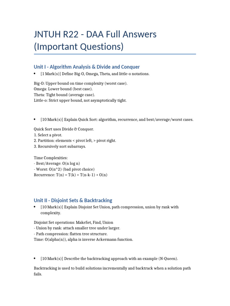 JNTUH R22 DAA Important QA | PDF | Time Complexity | Computational ...