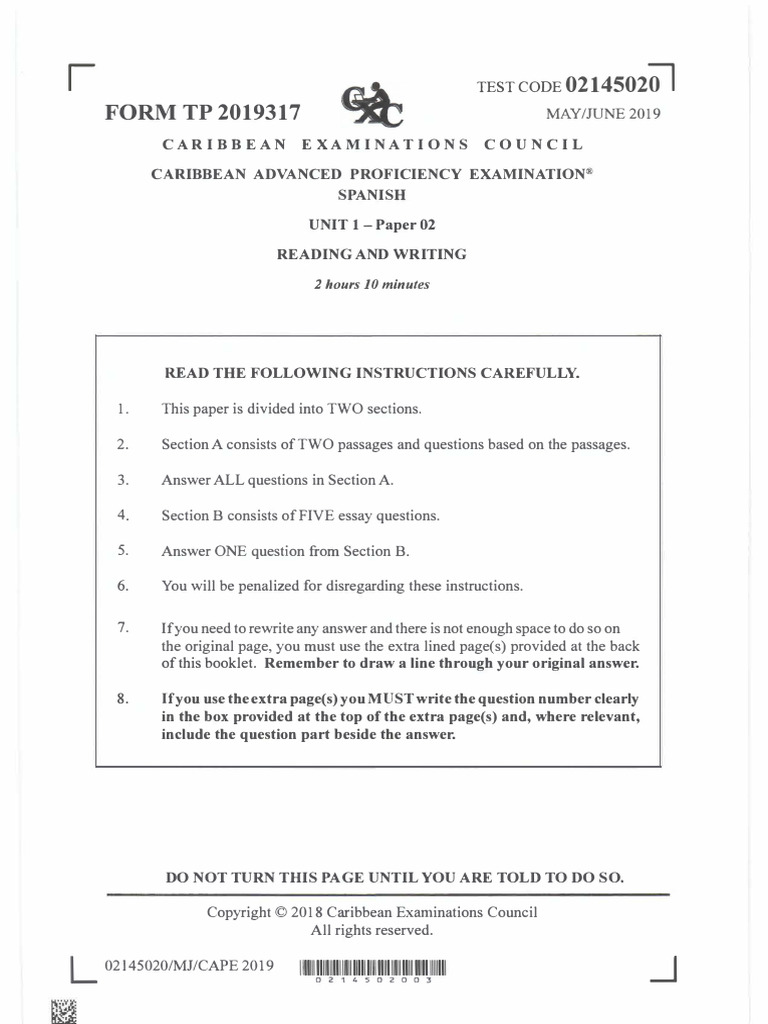 2019 CAPE Spanish, Unit 1, P02 - Past Paper Archives - Sir Arthur Lewis ...