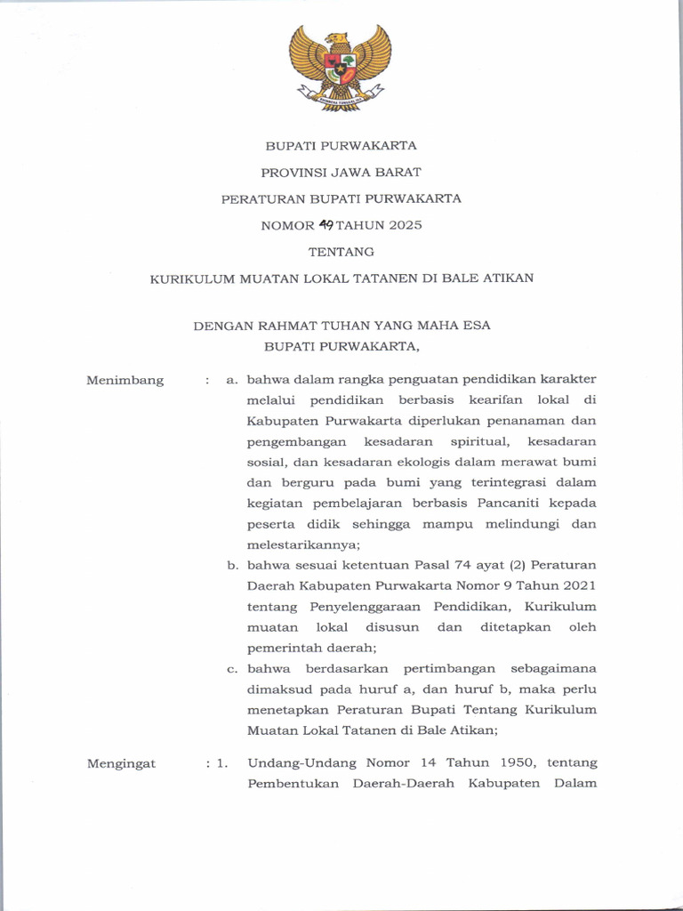 Perbup No 49 Tahun 2025 Tentang Kurikulum Mulok TdBA | PDF