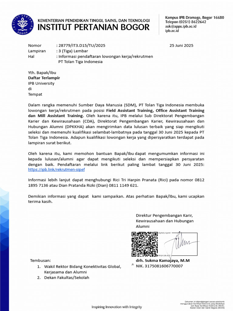 Lowongan Kerja - PT. Tolan Tiga Indonesia | PDF