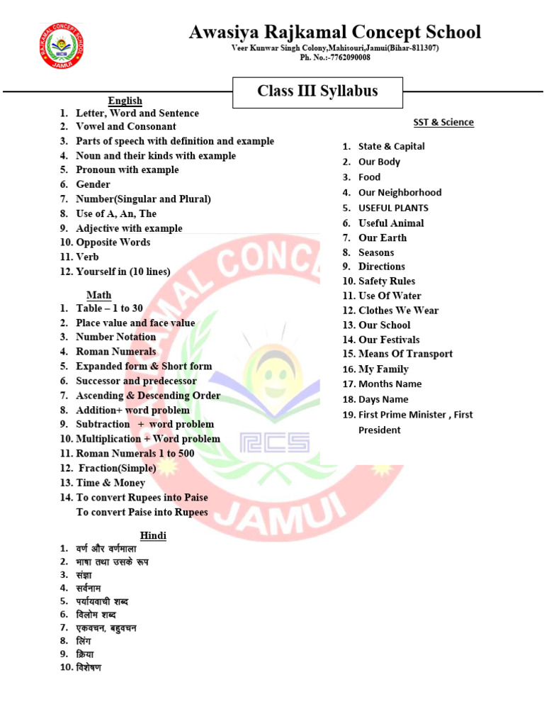 Awasiya Rajkamal Concept School: Class III Syllabus | PDF | Grammatical ...