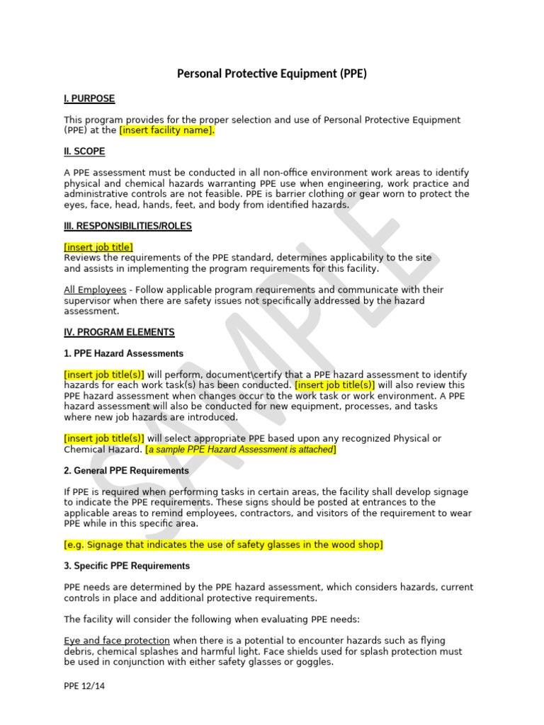 Main Personal Protective Equipment Ppe Hazard Assessment Survey and ...
