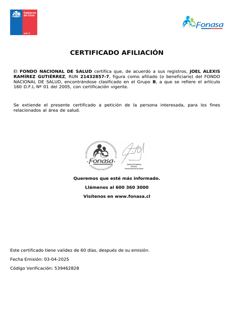 Certificado Afiliación: RAMÍREZ GUTIÉRREZ, RUN 21432857-7, Figura Como Afiliado (O Beneficiario ...