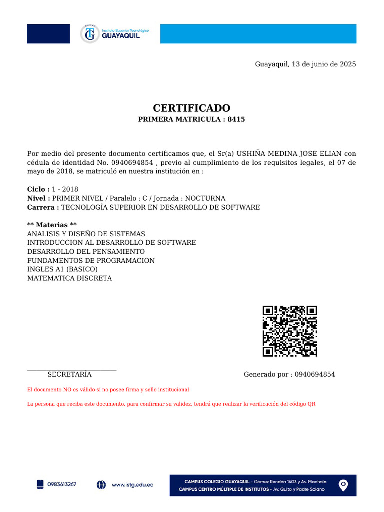 Certificado: Primera Matricula: 8415 | PDF