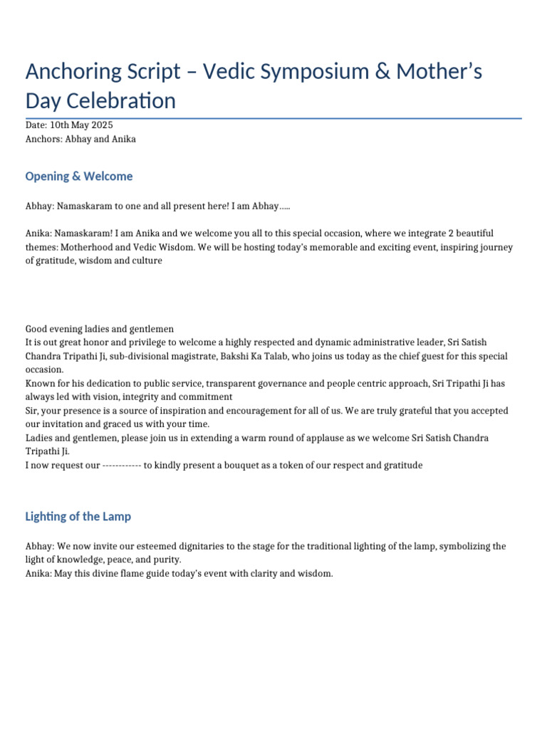 Vedic Symposium Anchoring Script | PDF | Vedas
