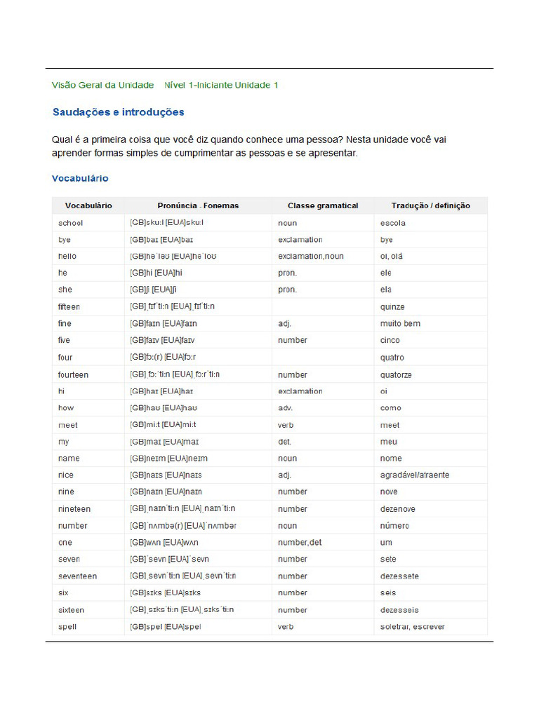 Unit Overview Level1 Iniciante Unit1 | PDF