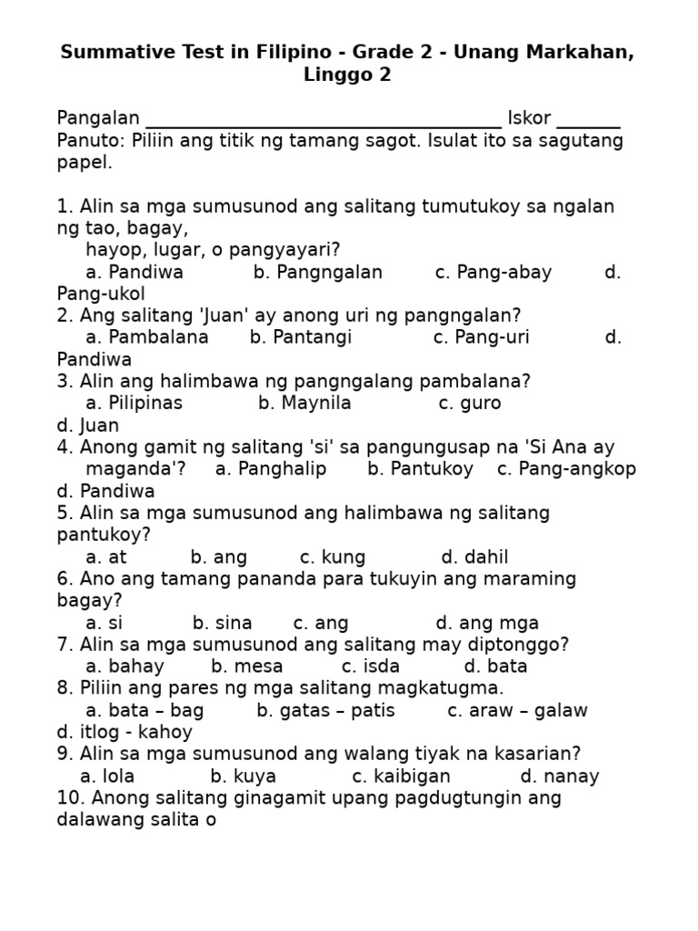 Filipino Summative Test q1w2 | PDF