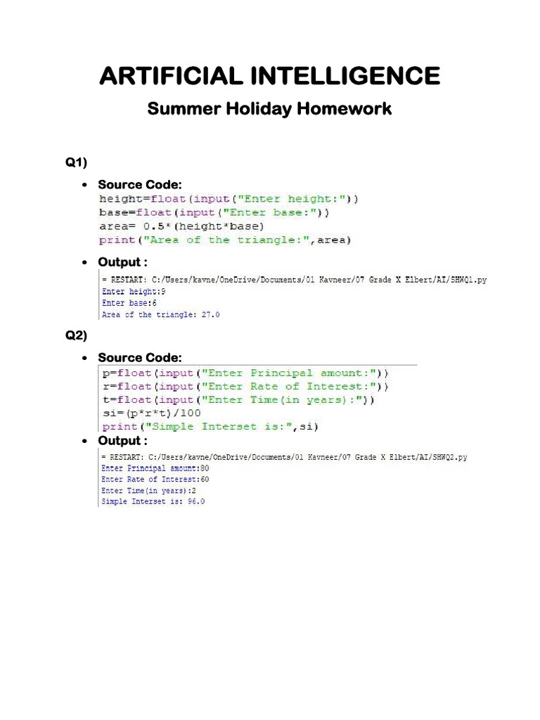 Summer Holiday Homework (Ai) | PDF