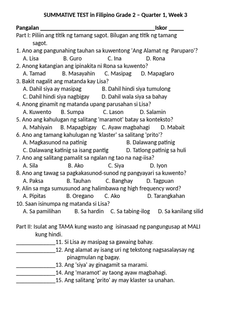 Filipino Summative Test q1w3 | PDF