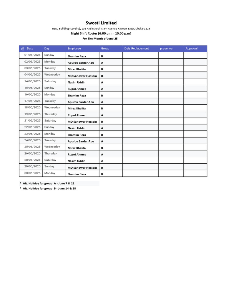 June 2025 Night Shift Roster | PDF