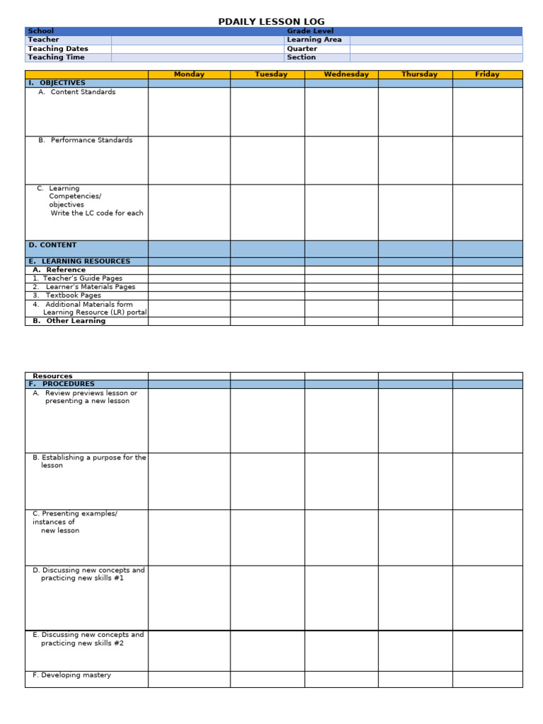 Daily Lesson Log Template for Teachers | PDF