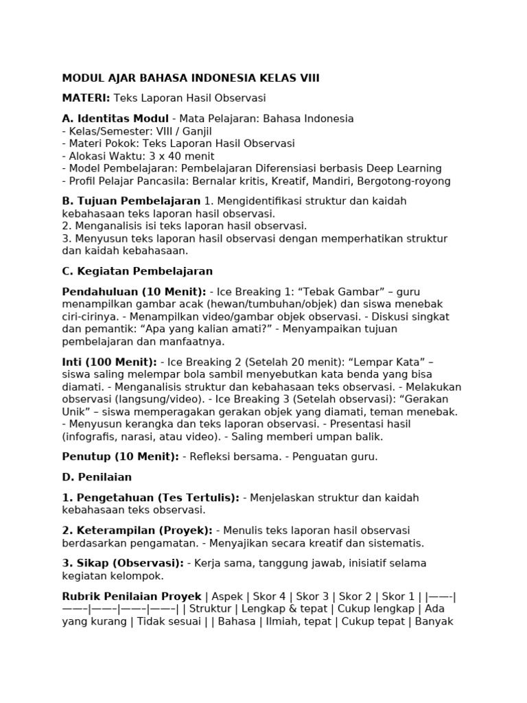 Modul Ajar Observasi Kelas8 | PDF