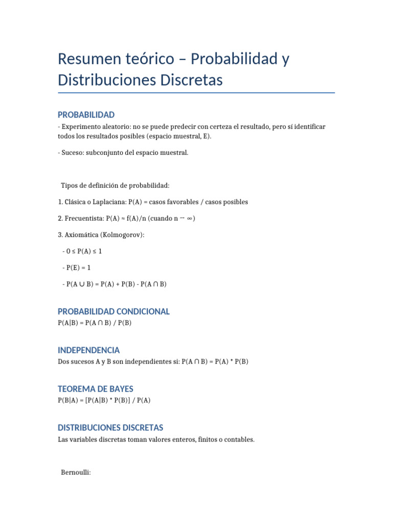 Resumen Probabilidad y Distribuciones Discretas | PDF