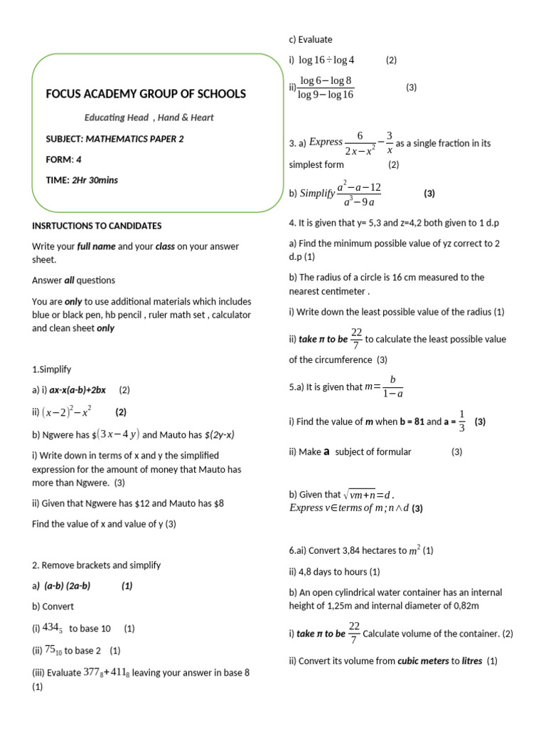 Form 4 Mid Exams 2025 p2 | PDF | Volume | Mathematics