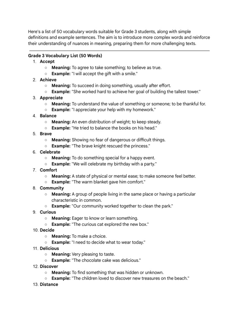 Grade 3 Vocabulary Words List | PDF | Vocabulary