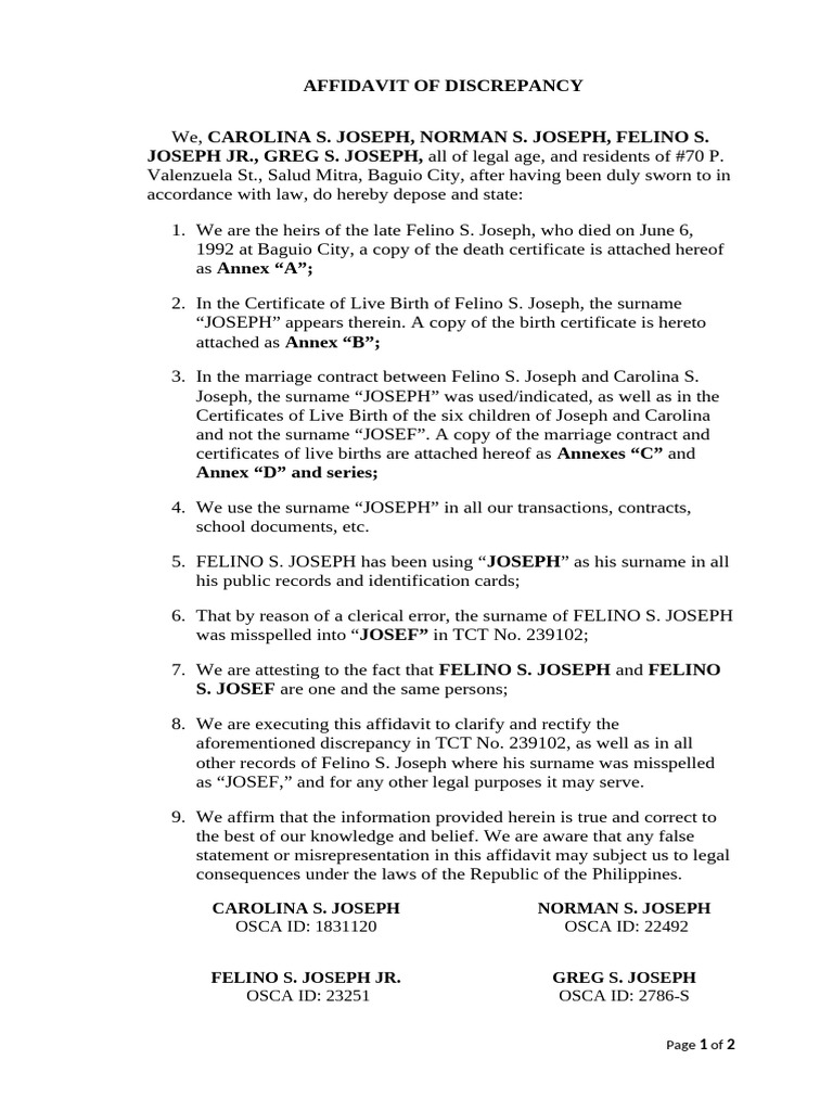 Affidavit of Discrepancy - Josephs | PDF | Affidavit