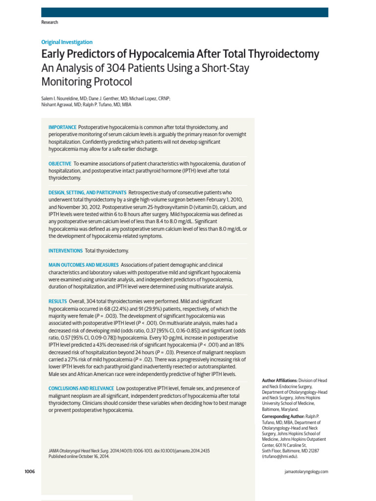 Early Predictors of Hypocalcemia After Total Thyroidectomy - Nov 2014 | PDF | Medical ...