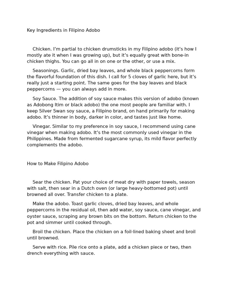 Key Ingredients for Filipino Adobo | PDF