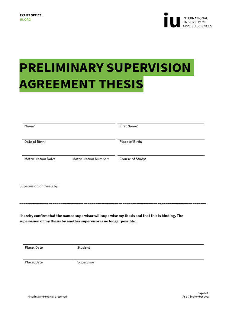 Preliminary Supervision Agreement Thesis | PDF