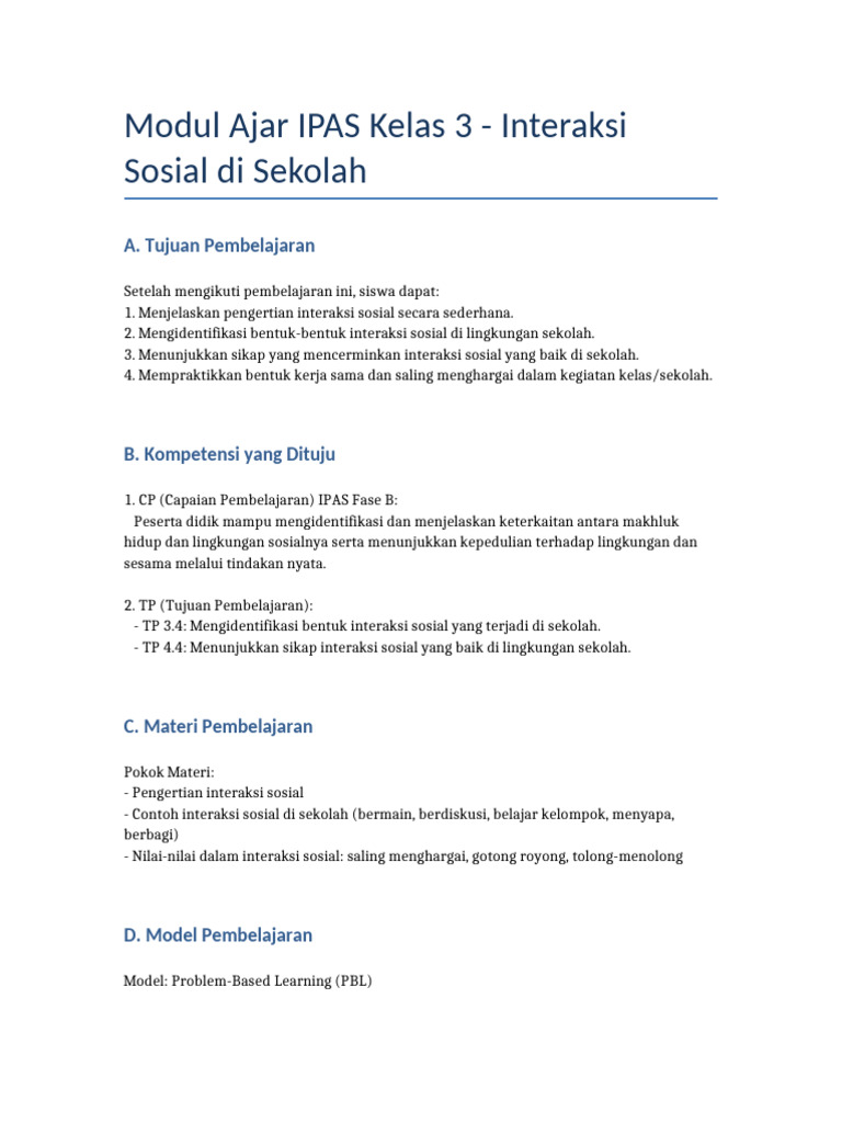 Modul Ajar IPAS Kelas 3 Interaksi Sosial | PDF