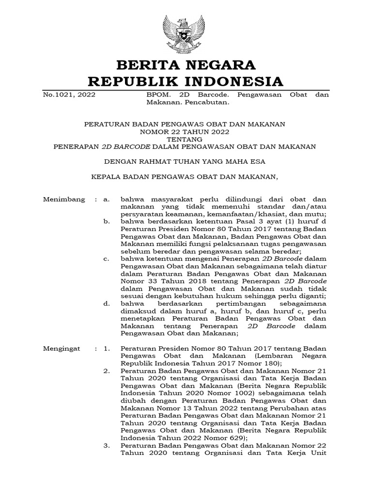 Peraturan Bpom No 22 Tahun 2022 | PDF