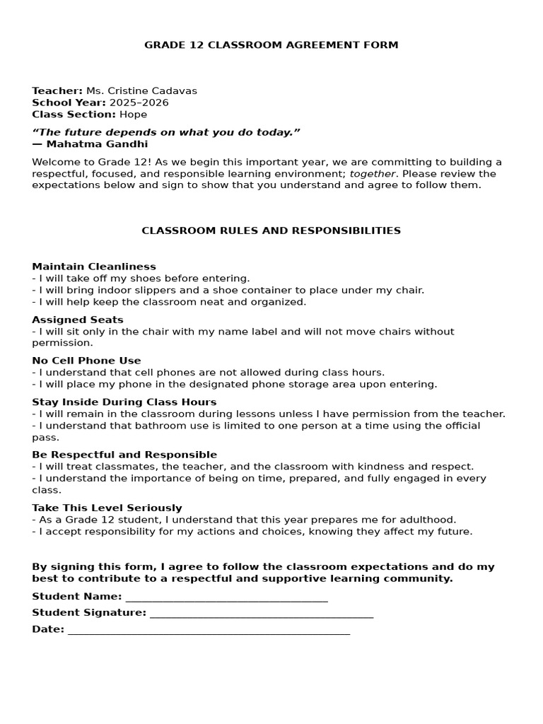 Classroom Rules Agreement | PDF