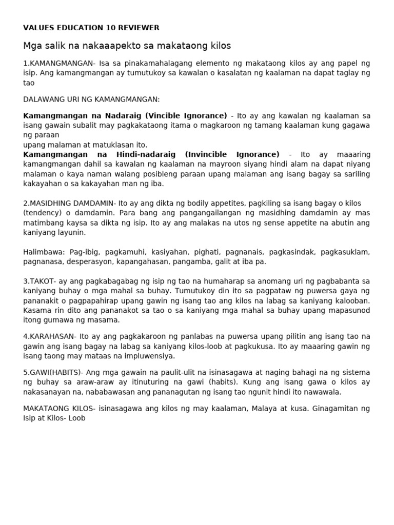 Values Education 10 Reviewer | PDF