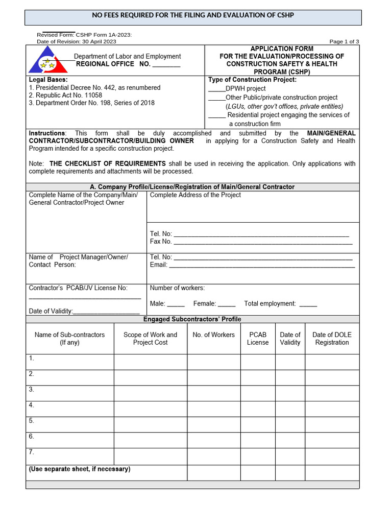 CSHP Form-1A-2023 - Application Form | PDF | General Contractor | First Aid