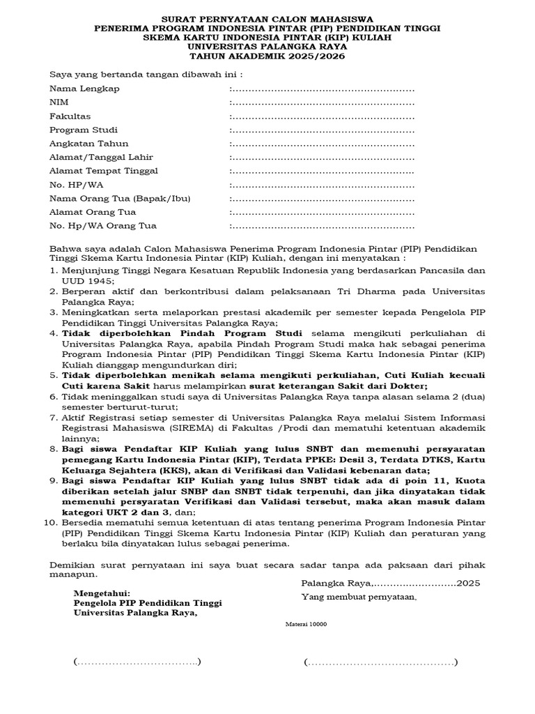 Surat Pernyataan Calon Kip - K - SNBT 2025 | PDF