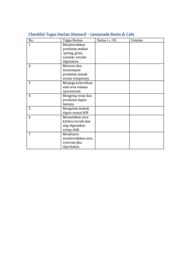 Checklist Tugas Harian Steward | PDF