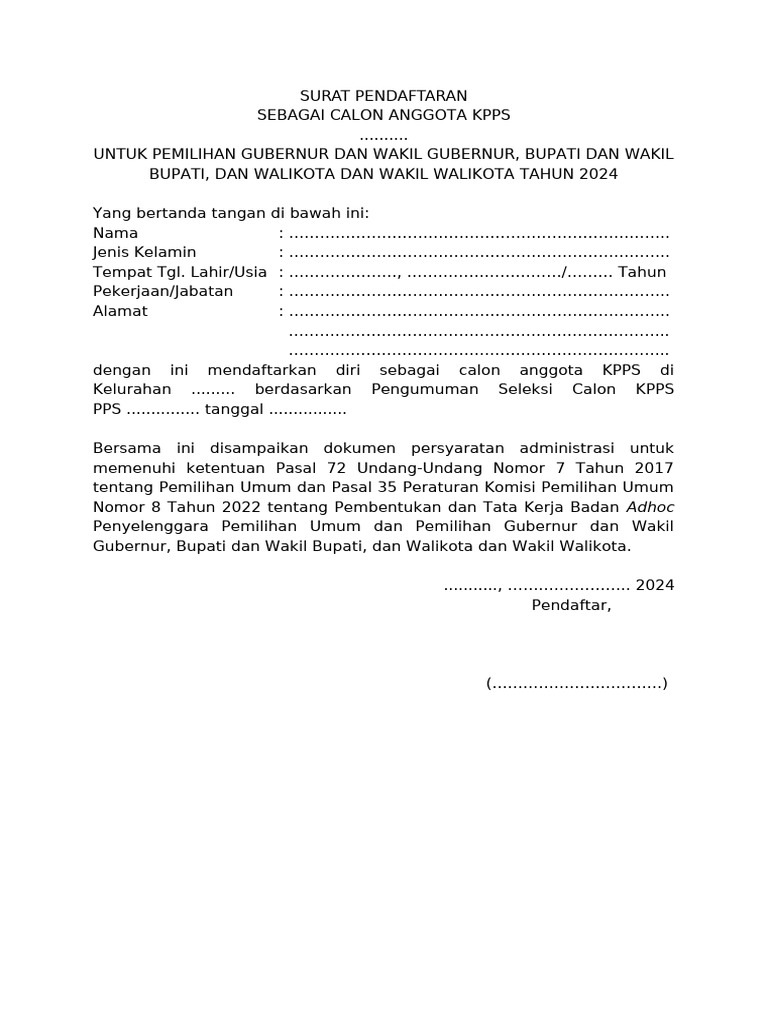 Contoh Surat Pendaftaran Kpps | PDF