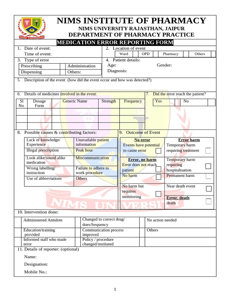 Medication Error Reporting Form | PDF | Pharmacy | Medical Error