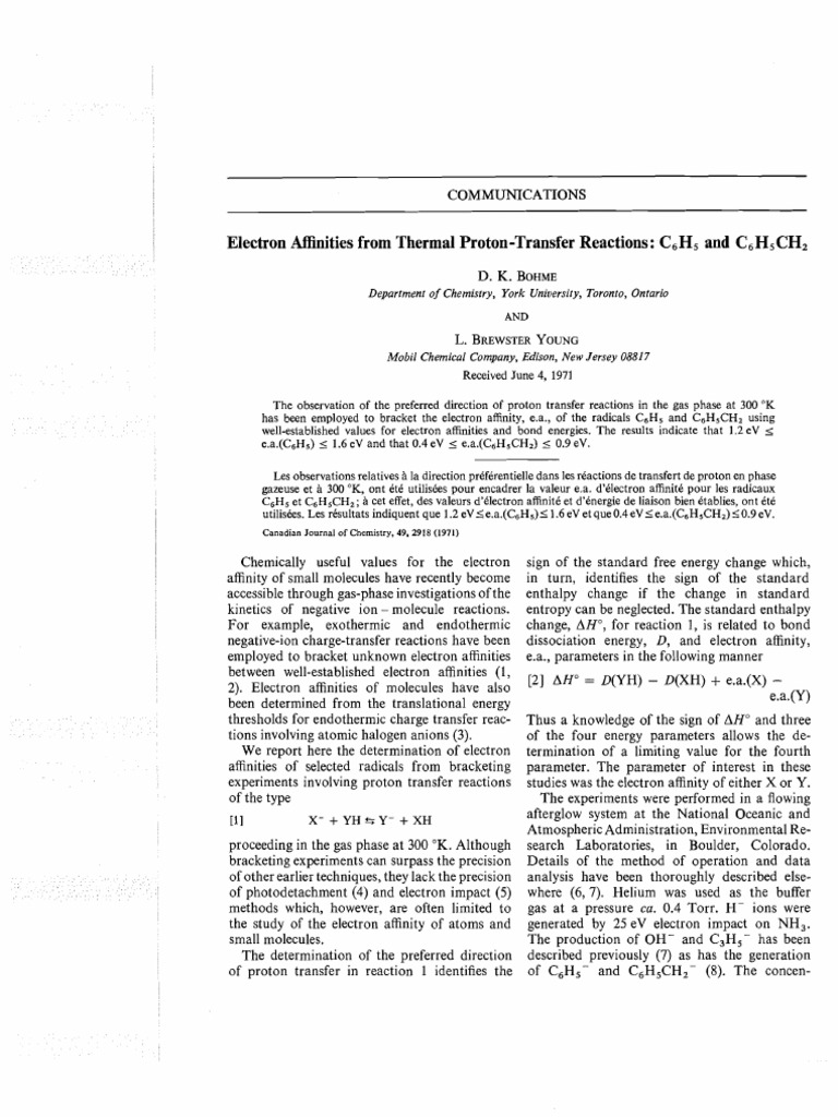 Young Bohme 2011 Electron Affinities From Thermal Proton Transfer ...