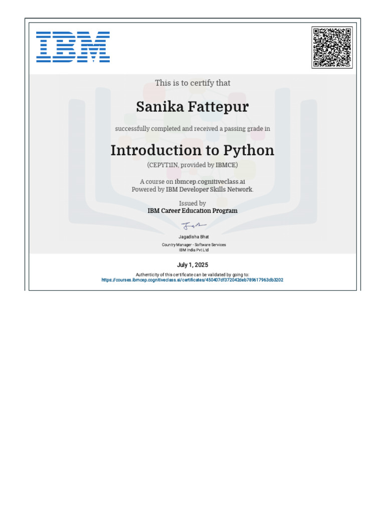 IBMCE CEPYT1IN Certificate - IBM Career Education Program | PDF