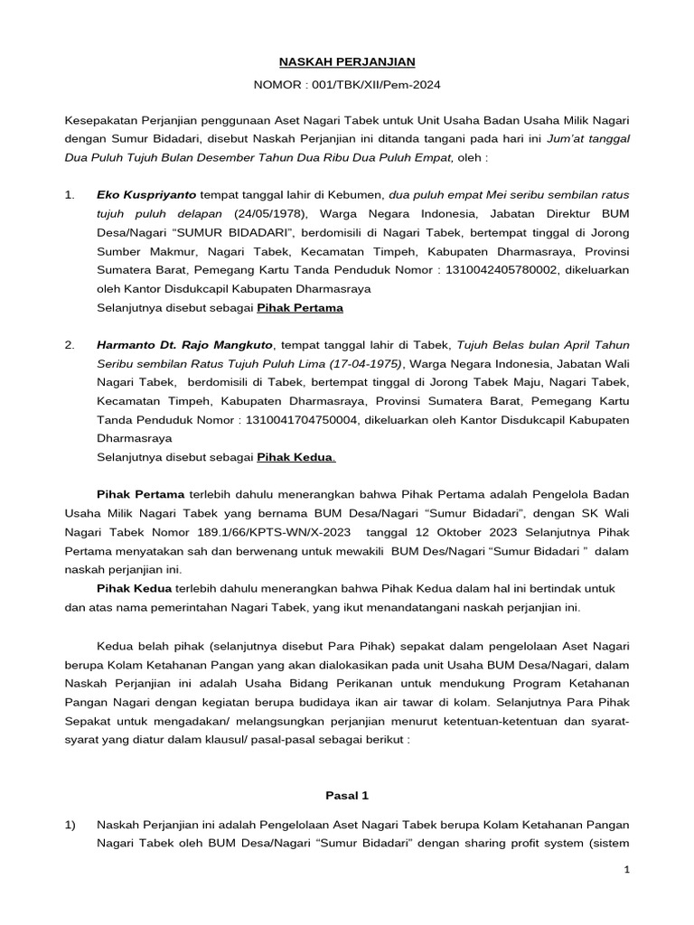 Naskah Perjanjian Pengelolaan Kolam Ketahanan Pangan Nagari Tabek | PDF