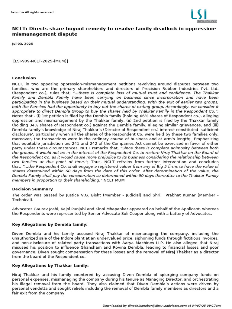 LSI 909 NCLT 2025 MUM Diven Dembla Vs Precision | PDF