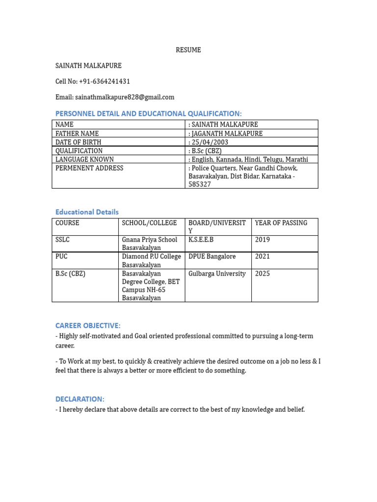 Sainath Malkapure Resume | PDF