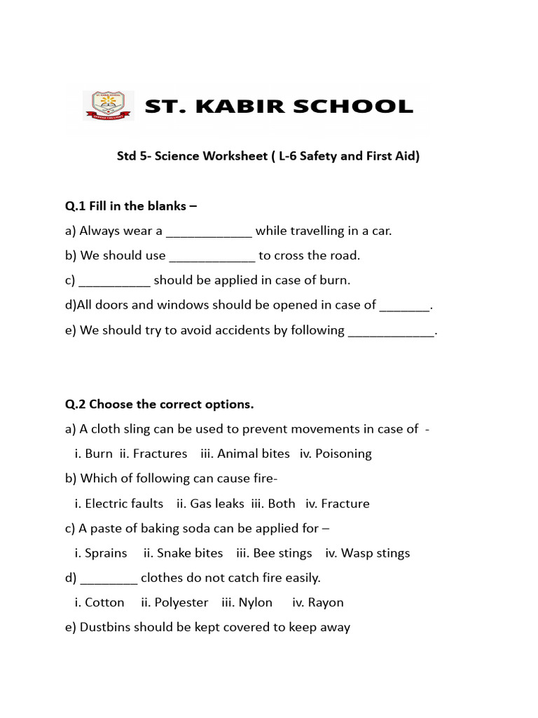 Worksheet - Safety and First Aid | PDF