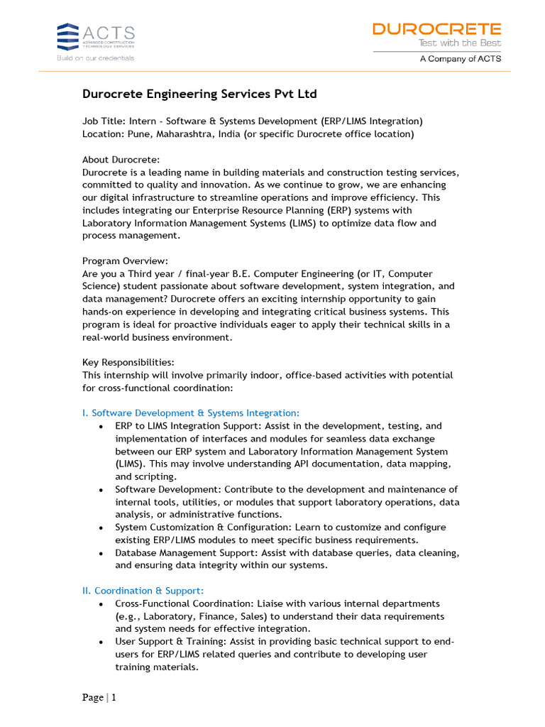Durocrete - JD - Internship - Computer Engg-1 | PDF | Enterprise Resource Planning | Databases