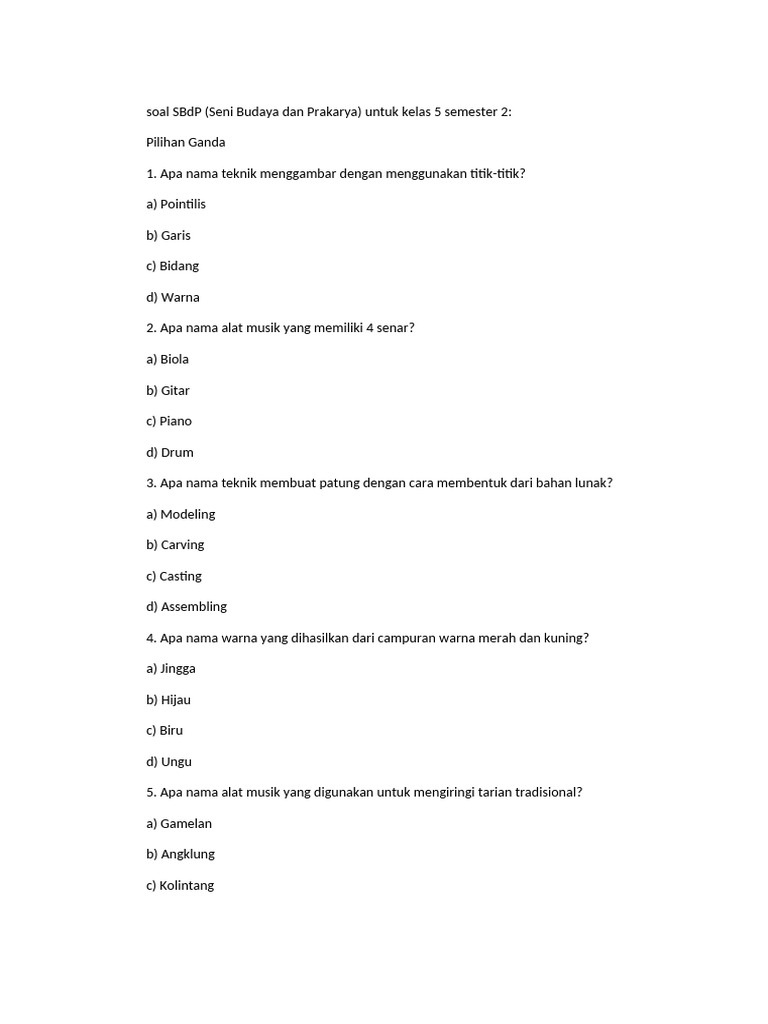 Soal SBdP Kelas 5 Smster 2 | PDF