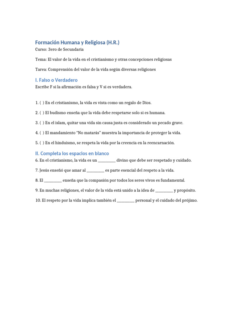 Valor de La Vida HR 3ero | PDF