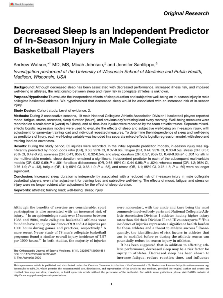 Watson Et Al 2020 Decreased Sleep Is An Independent Predictor of in ...