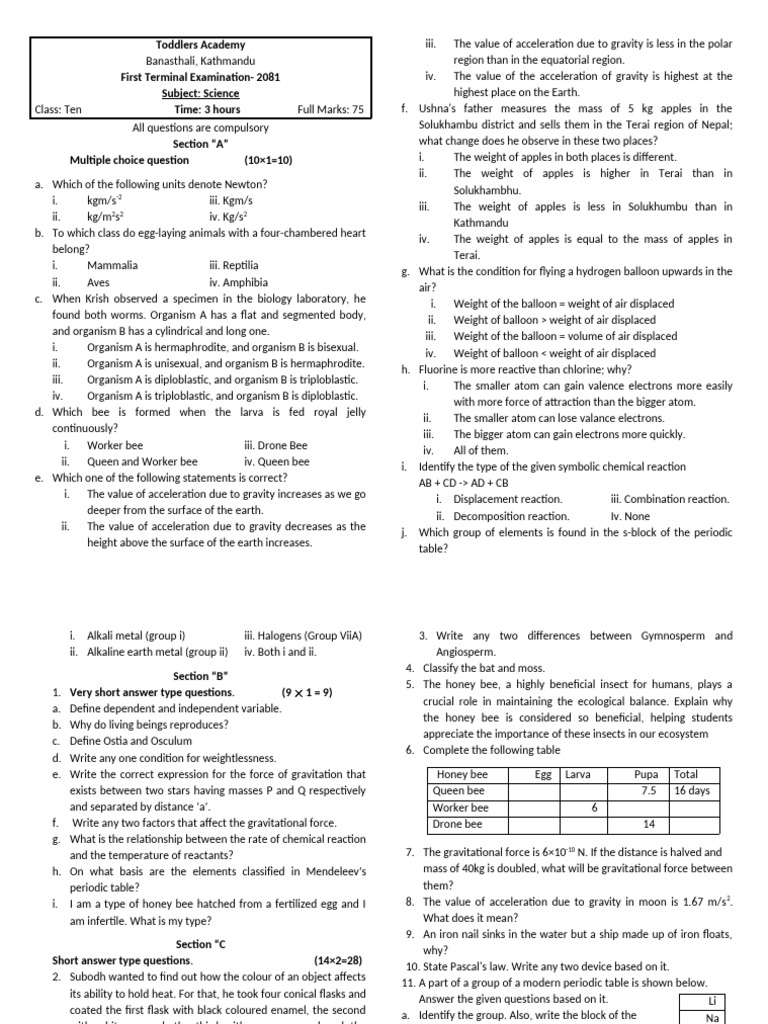 Class 10 1st Term Exam (Set 1) | PDF | Weight | Aluminium